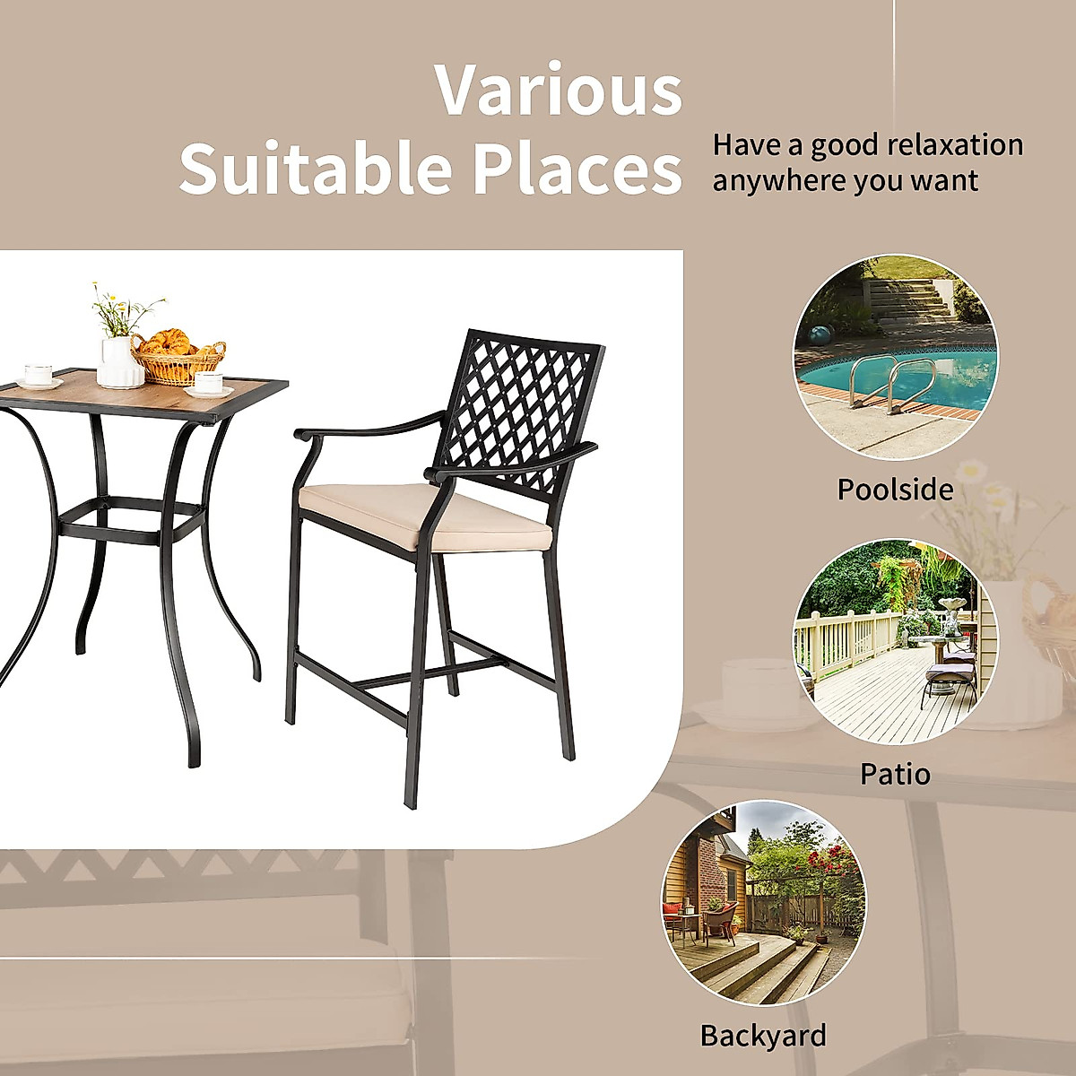 Tangkula 3 Piece Patio Bar Bistro Set, Outdoor Bar Height Stool & Table, Ergonomic Seat with Comfortable Cushion, Reinforced Steel Structure, Outside Dining Set for Poolside, Backyard (Beige)