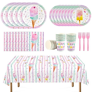 Ice Cream Party Supplies Set - Ice Cream Popsicle Party Tableware for Girls Kids Birthday Baby Shower Disposable Tablecloth Plates Paper Cups Napkins Cutlery Bag Utensils Serves 16 Guests 130PCS