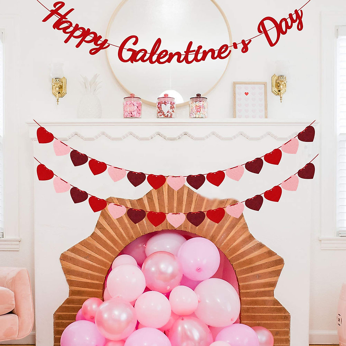Happy Galentine's Day Felt Banner - No DIY Required - Galentine's Day Decorations - Valentines Felt Heart Garland Banner - Galentines Day Party Ladies Celebration Decorations Supplies