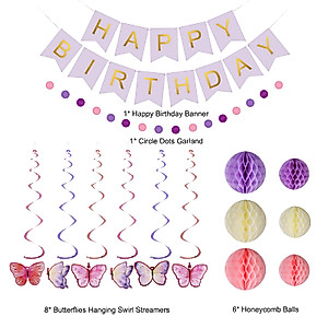 meowtastic Purple Birthday Decorations - Purple Happy Birthday Banner with Honeycomb Ball, Butterflies Hanging Swirl Streamer, Circle Dot Garland Decoration - Birthday Party Decoration for Women Girl