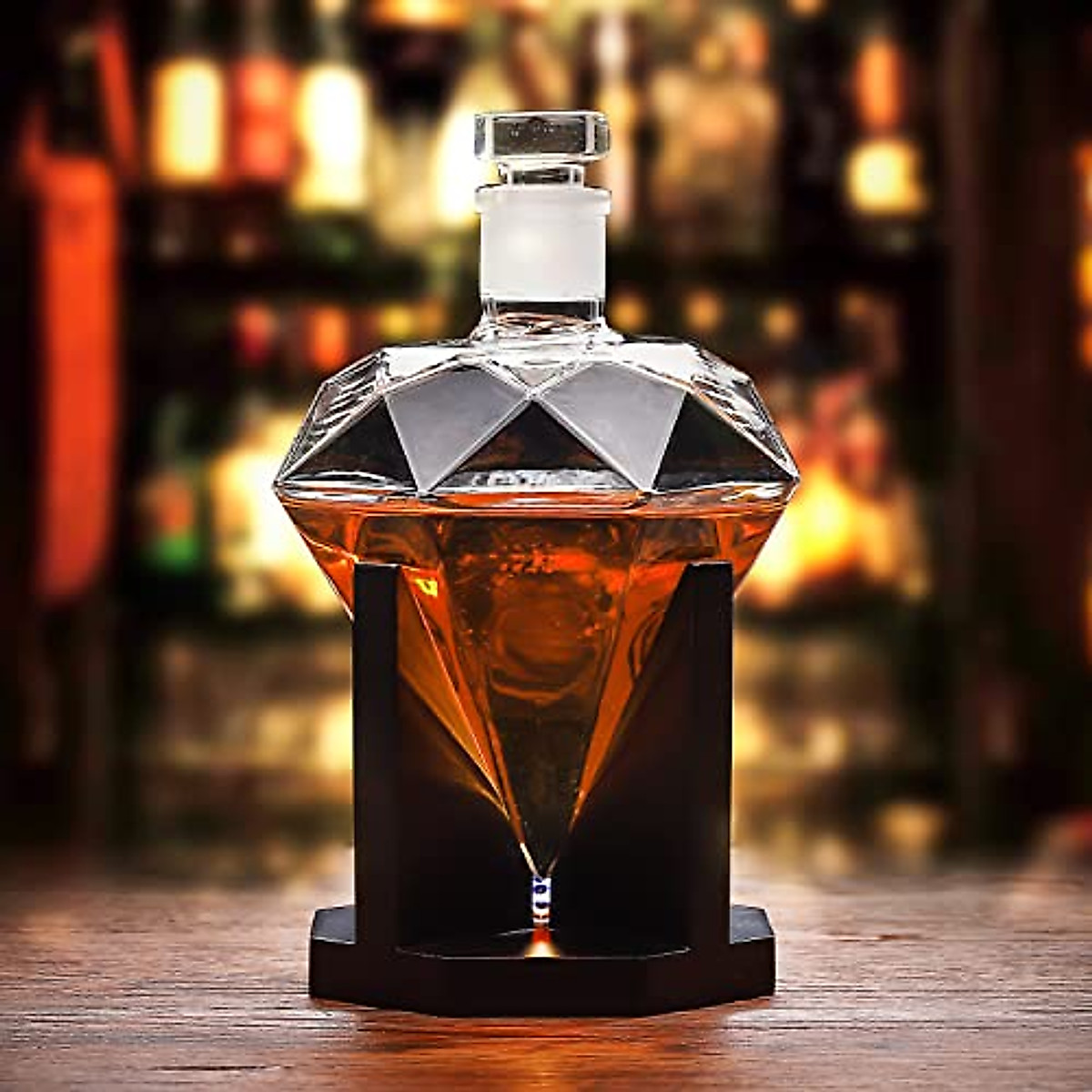 Whiskey Decanter, Diamond Decanter, Glass Liquor Decanter with Wooden Holder for Bourbon, Liquor, Rum, Bourbon, Scotch, Great Gifts for Men Glass Decanter with Airtight Stopper - 850ml/27OZ