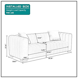 kevinplus 87.8'' Velvet Sectional Sofa Couch for Living Room, Modern Contemporary Chesterfield 3-Seat Sofa Couch for Apartment Bedroom Office, Strong Gold Metal Legs, 2 Pillows, White
