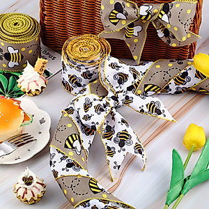 2 Rolls 20 Yards Bee Wired Edge Ribbons Honeybee Canvas Wired Edge Ribbons Black Yellow Wired Edge Ribbon for DIY Craft Wrapping Floral Hanging Ornaments, 2 Styles