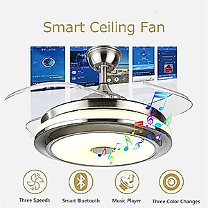 Fandian 42'' Modern Smart Ceiling Fans with Light,Bluetooth Speaker Music Player Chandelier, 3 Colors 3 Speeds Retractable Blades with Remote Control, Silent Motor with LED Kits (42in-Silver1)