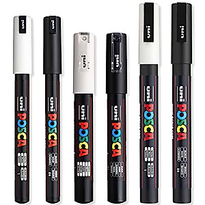Posca - Ultra Fine to Fine Paint Marker Pens Set - PC-1MR, PC-1M, PC-3M - White & Black Ink - Pack of 6