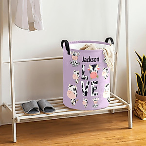 Purple Love Cow Laundry Basket Personalized with Name Laundry Hamper with Handle Organizer Storage Bin Bedroom Decor for Boys Girls Adults