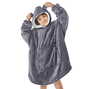 L'AGRATY Kids Wearable Blanket Hoodie Flannel Sherpa Oversized Sweatshirt Hooded Blanket Throw with Sleeves and Big Pocket Cozy Fluffy Warm Soft Giant Winter Sweater Blanket Hoodie for Boys Girls