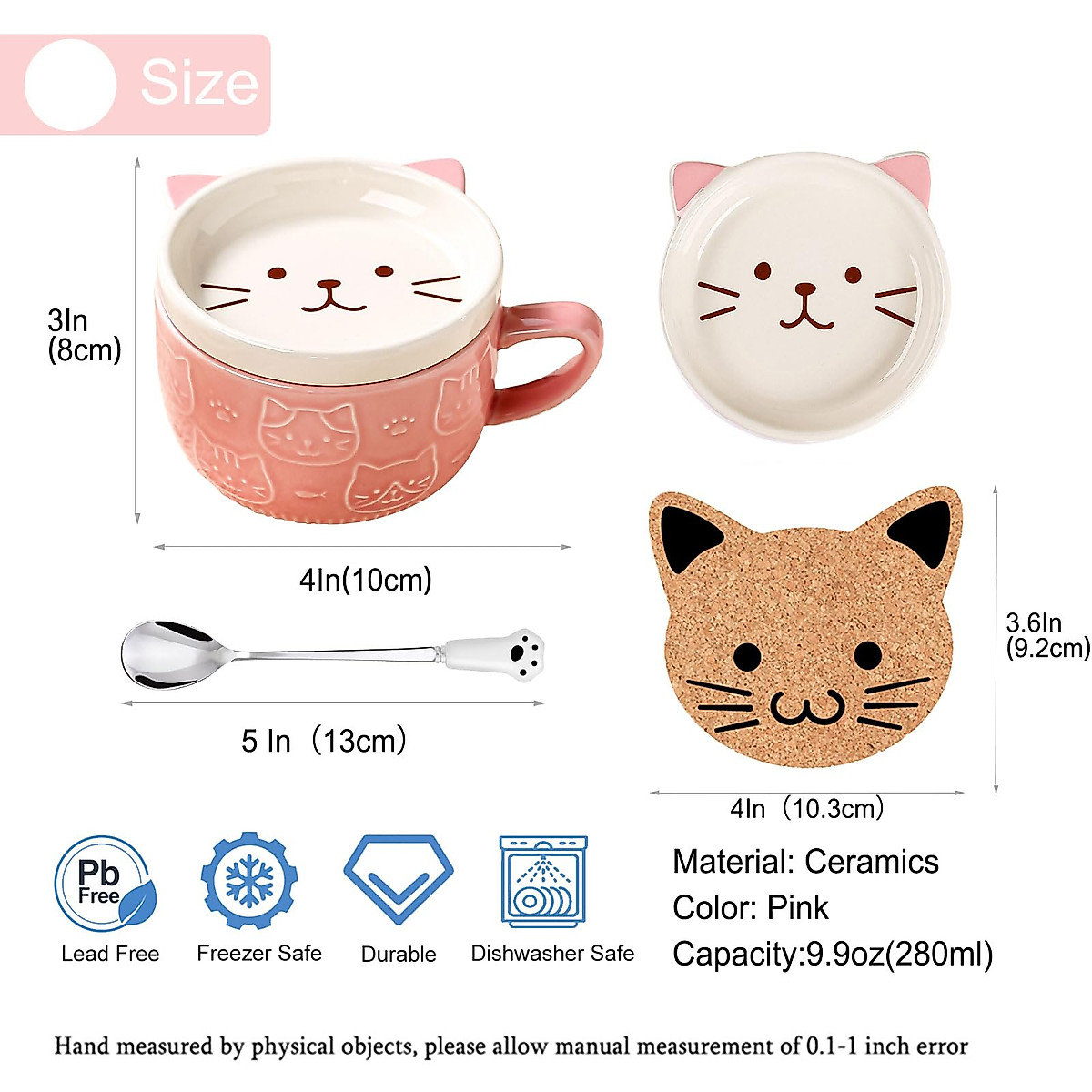 BigNoseDeer Cute Cat Mug Kawaii Tea Cup Pink Ceramic Coffee Mug with lid,Tea Cups and Saucers Cute Cool Preppy Stuff Cute Gifts Cat Gifts for women Cat Lovers Christmas Gifts 10oz