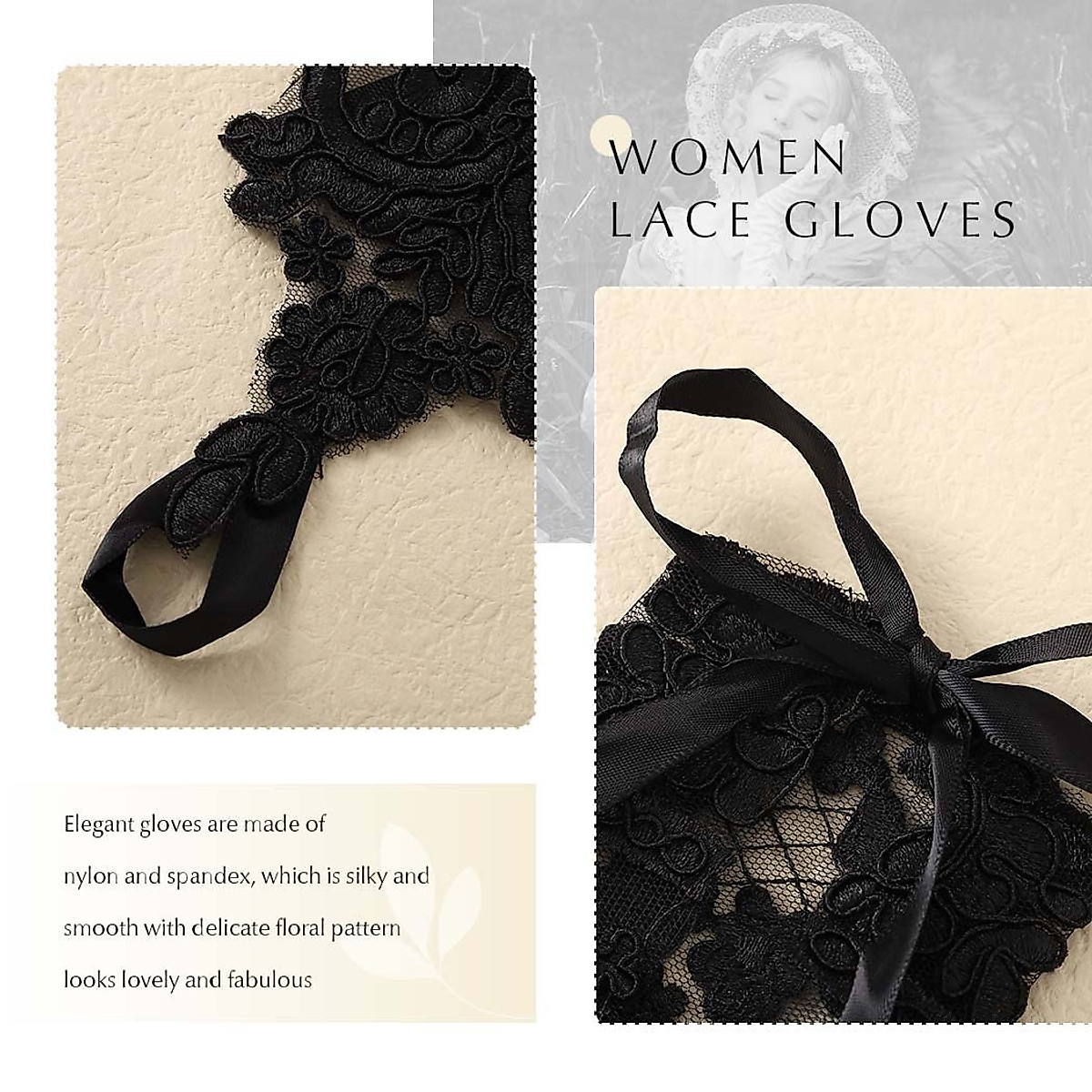 Latious Wedding Bride Lace Gloves Black Fingerless Bridal Gloves Floral Glove Party Prom Glove Accessories for Women and Brides