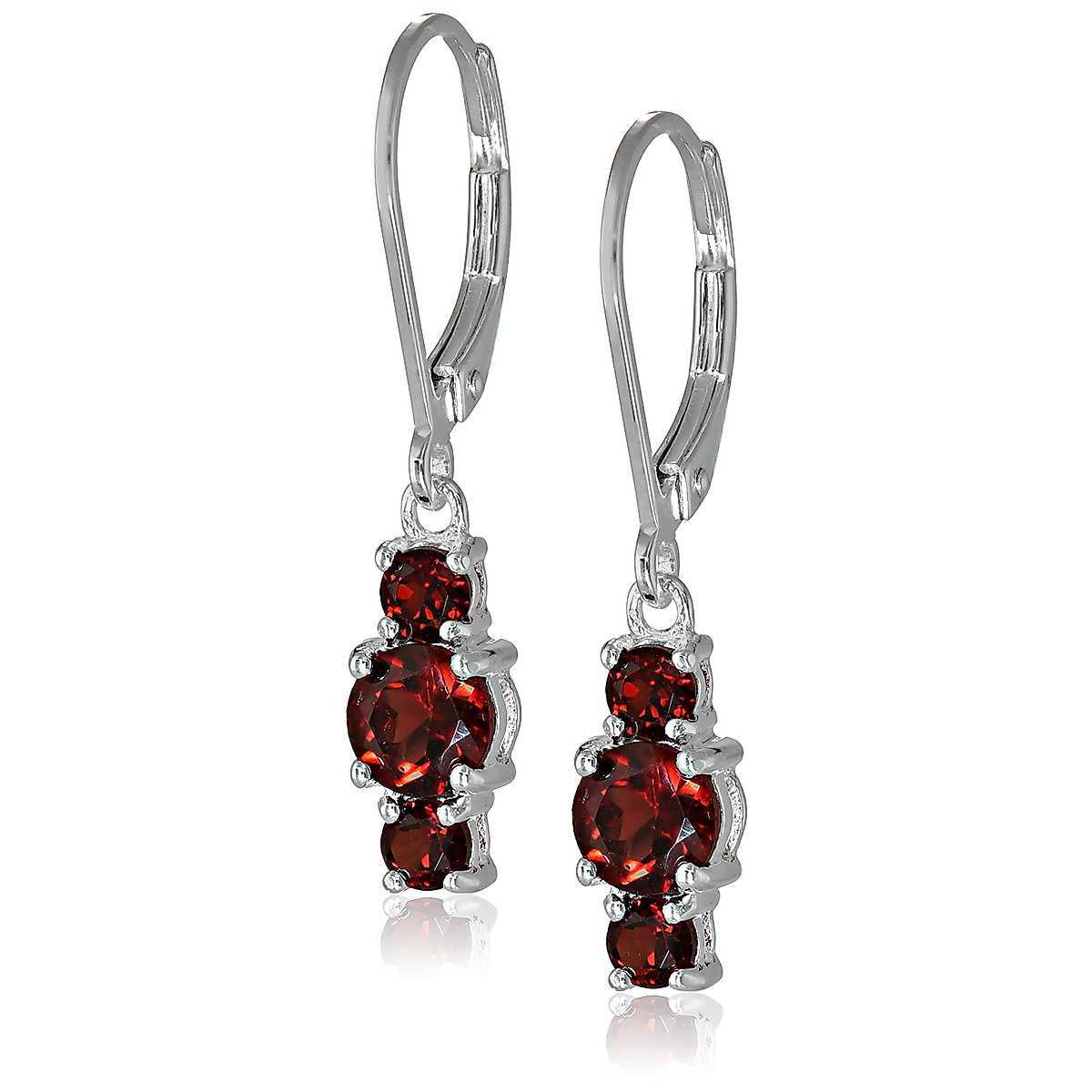 Amazon Essentials Sterling Silver Genuine Garnet 5mm and 3mm Three Stone January Birthstone Leverback Dangle Earrings (previously Amazon Collection)