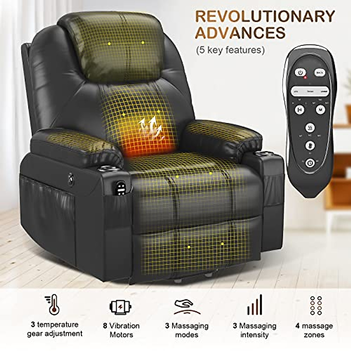 YONISEE Large Lift Chairs Recliner for Elderly - Power Lift Chair Modern with Massage and Heat, Infinite Position, Extended Footrest, USB & Tape C Ports and Cup Holders, Black Color