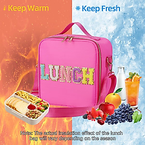 Lunch Bag for Women, Insulated Lunch Box for Girls, Personalized Preppy Lunch Box with Adjustable Shoulder Strap, Reusable Lunch Tote Bag with Letter for Kids Adult, School Office Picnic(rosy red)