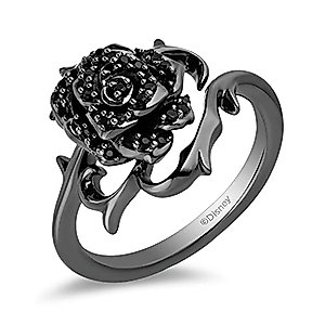 Jewelili Enchanted Disney Fine Jewelry Black Rhodium over Sterling Silver 1/4 Cttw Treated Black Round Diamond Maleficent Black Rose Ring, Size 5