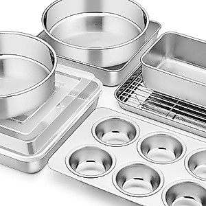 E-far Stainless Steel Bakeware Set, Metal Baking Pan Set of 9, Include Round/Square Cake Pans, Rectangle Baking Pan with Lid, Loaf Pan, Muffin Pan, Cookie Sheet with Rack, Dishwasher Safe