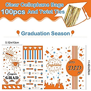 100Pcs Graduation Party Decorations Cellophane Bags - Graduation Gifts Cellophane Treat Bags with Ties, 11"x5" Graduation Decor Clear Cellophane Bags for Graduation Party Decorations Supplies (Orange)