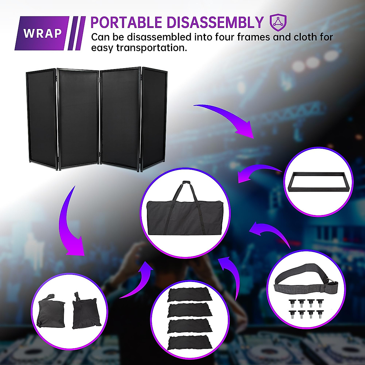 ECOTRIC Portable DJ Facade Booth Foldable Cover Screen with White/Black Facade+Cloth Frame Booth Steel +Travel Bag Case Projector Display Scrim Panel with Folding