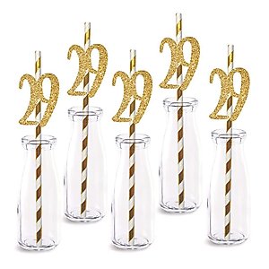 29th Birthday Paper Straw Decor, 24-Pack Real Gold Glitter Cut-Out Numbers Happy 29 Years Party Decorative Straws