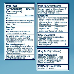 Colace Regular Strength Stool Softener 100 mg Capsules 60 Count Docusate Sodium Stool Softener for Gentle Dependable Relief