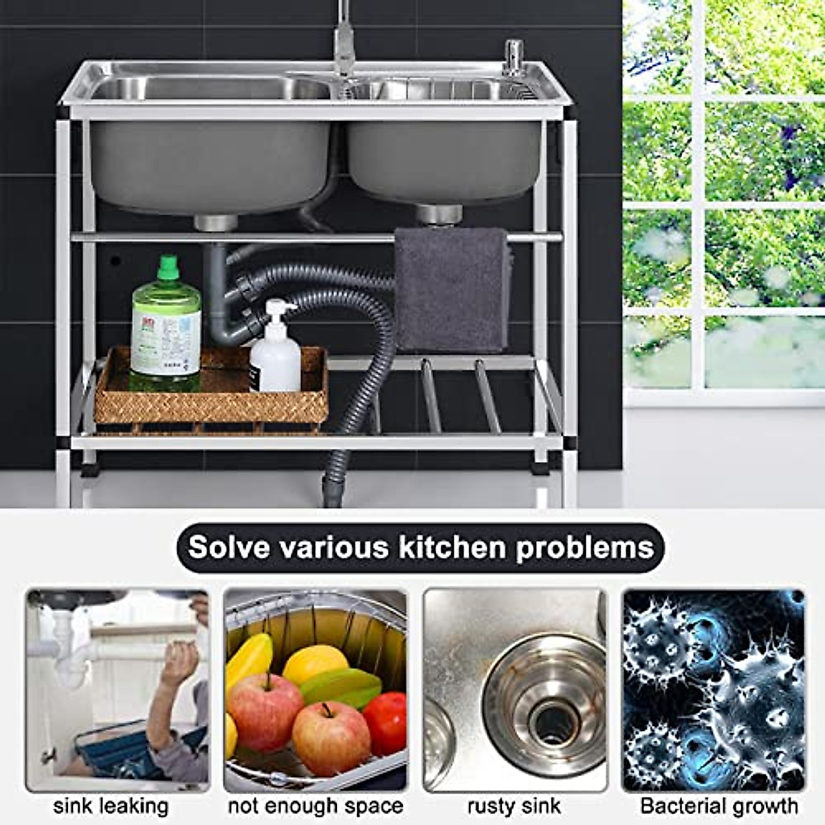 ZXLBTNB Commercial Restaurant Sink 304 Stainless Steel Utility Sink Freestanding Kitchen Sink with Worktop with Drip Board and Faucet for Laundry/Backyard/Garage/Camping 80x43x75cm