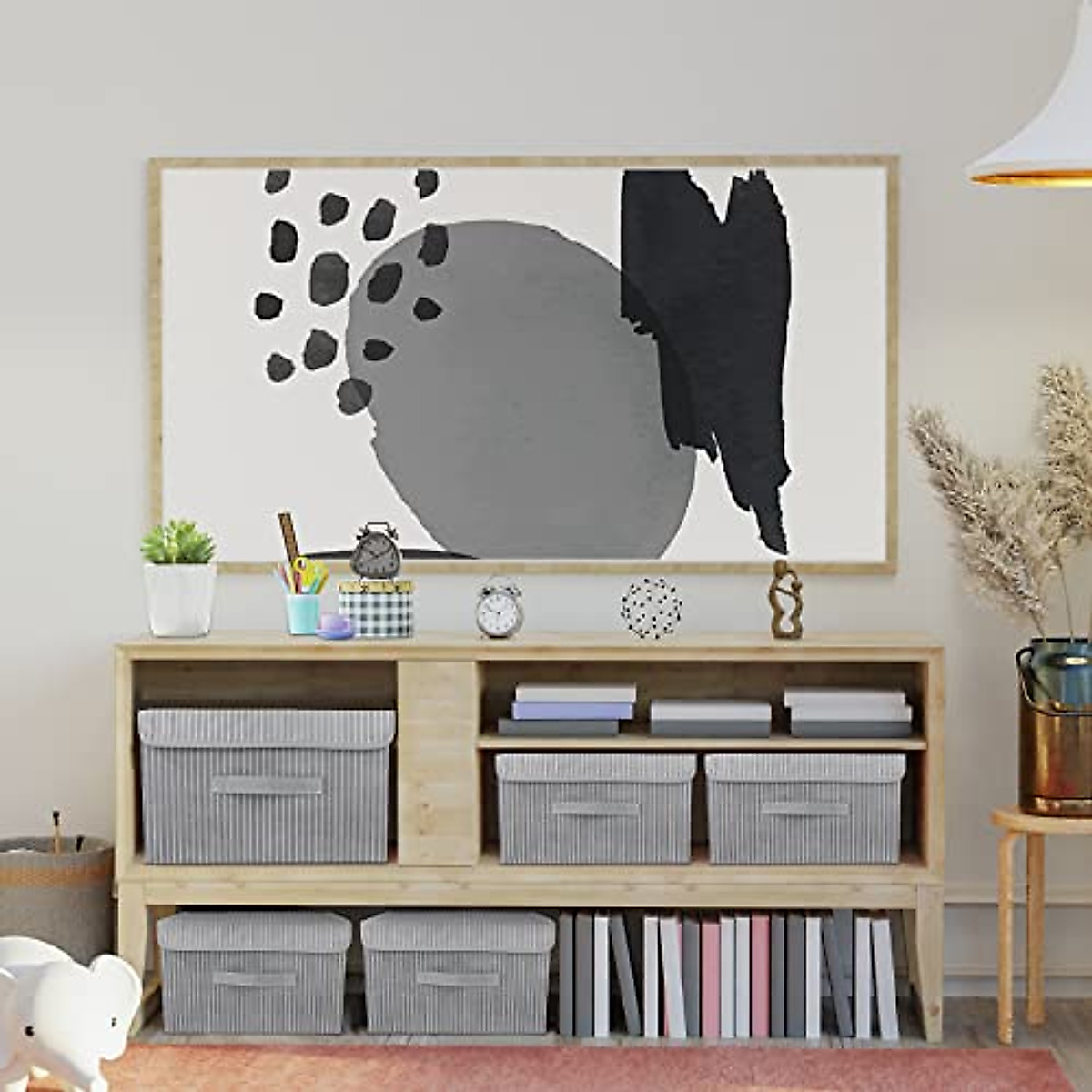 DK.AMZ Foldable Storage Bins with Lids, Fabric Storage Basket for Shelves with Handles, Collapsible Closet Organizer for Home Office, 3-pack, 15 x 9 inches, Gray & White