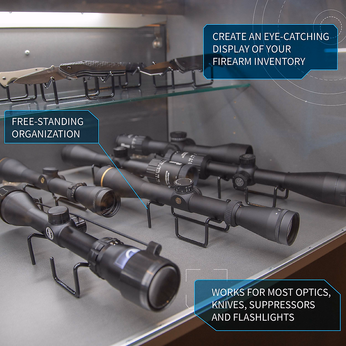 Gun Storage Solutions Scopes, Knives, Suppressors, Silencers, and Flashlights Display Stand - 10 Pack