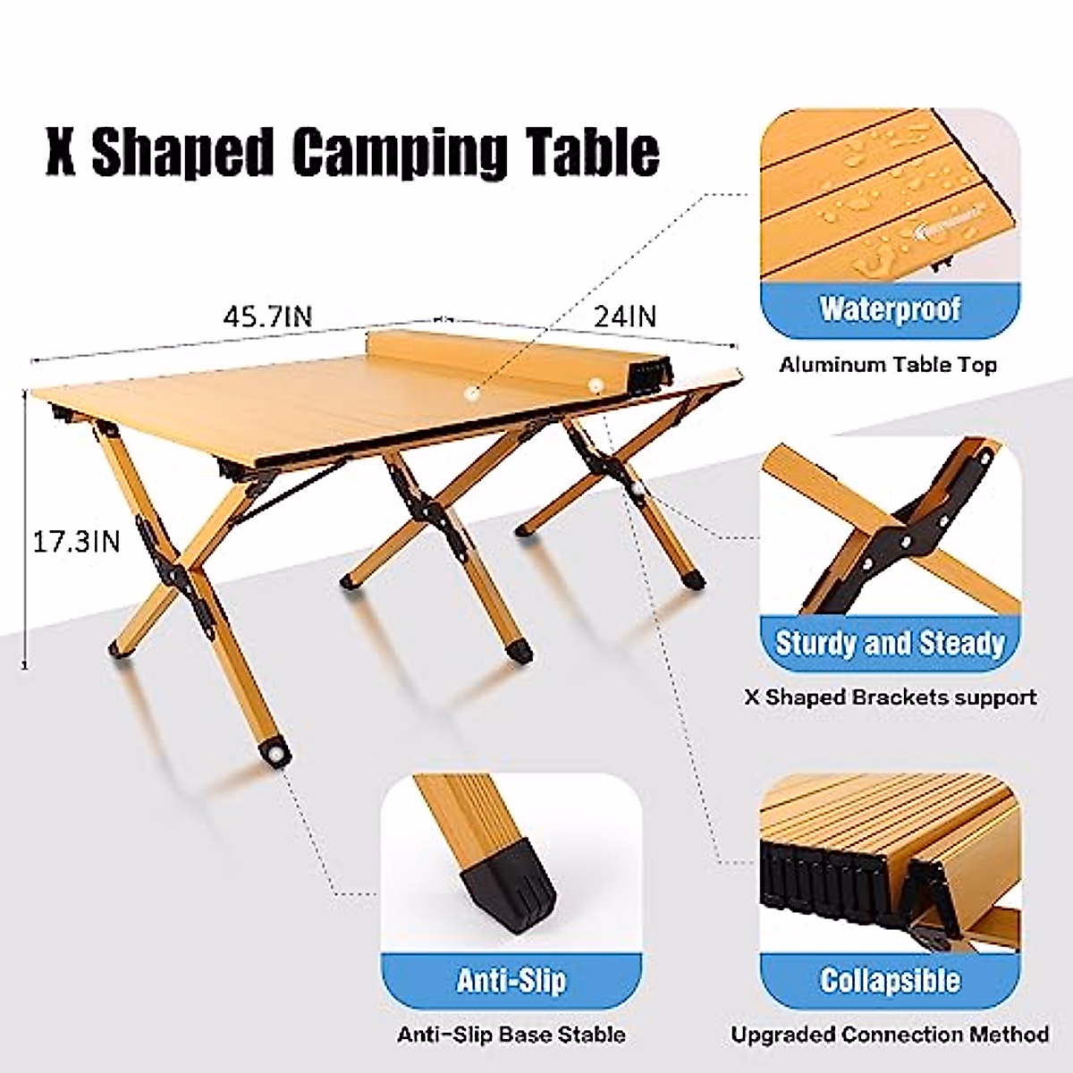 Rollingsurfer Folding Camping Table, Lightweight Roll-Up Table Aluminum Low Portable Picnic Table with Easy Carrying Bag for Outdoor, Beach, Picnic, Backyards, BBQ and Party, 45.7"L x 24"W x 17.3"H