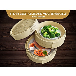 BELLA COOKS Bamboo Steamer for Cooking - Steamer Basket with a Ring - Fits every Pan & Pot - Dumpling Steamer - Incl. Extra Chopsticks & Silicone Liners