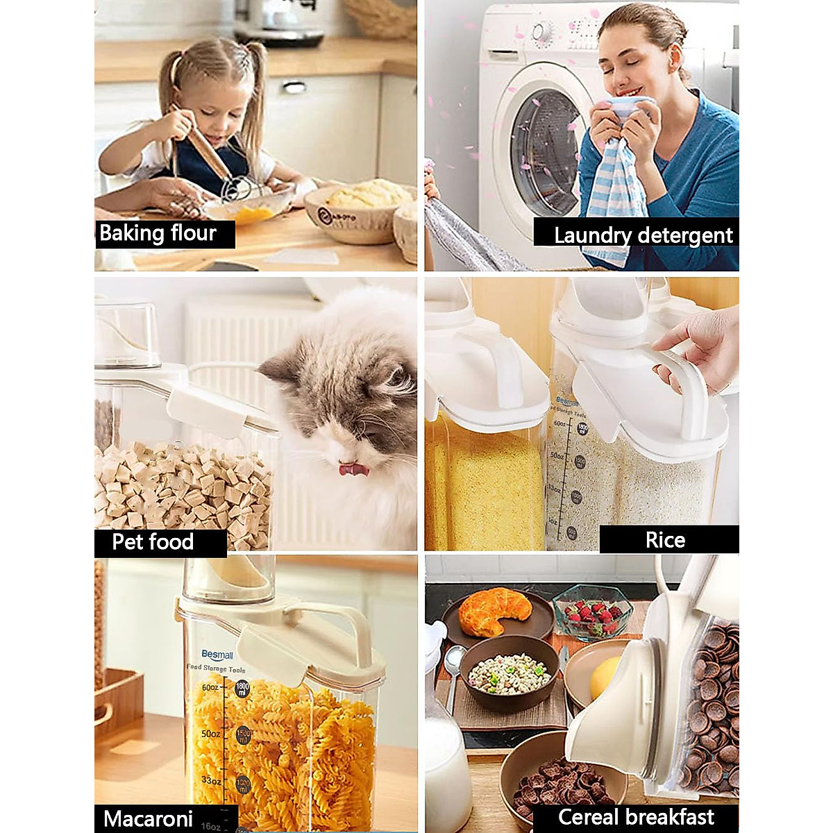 Besmall Cereal Containers Storage,2L Airtight Large Dry Food Storage Containers with Pouring Spout, Measuring Cup for Flour and Grain,BPA Free Plastic Dispenser