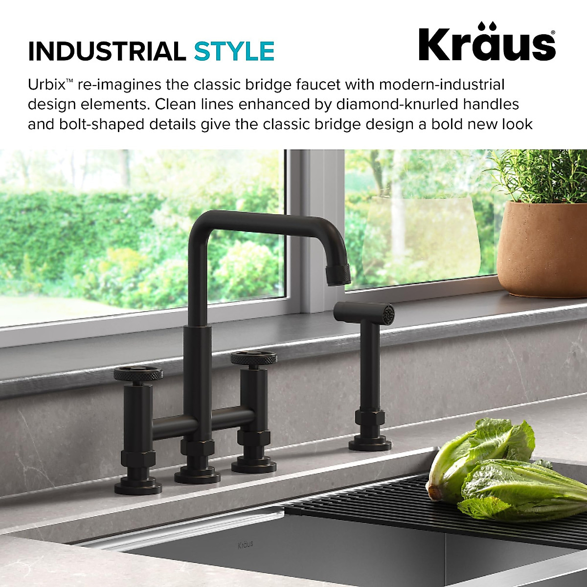 KRAUS Urbix Color-Changing Industrial Bridge Kitchen Faucet with Side Sprayer and ColorSmart Technology in Matte Black/Grey, KPF-3125MBGRCC
