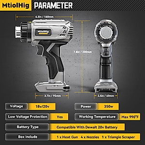 Cordless Heat Gun for DeWALT 20v/18v Battery, 350W Rated 990°F Heavy Duty Hot Air Gun Kit, Heat Gun Tool with 4pcs Nozzles&Scraper for Crafts, Shrink Wrap, Wire Connection(Do NOT Include Battery)