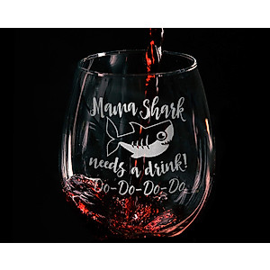 Custom-Engraved-Glasses-by-StockingFactory Mama Shark Needs a Drink Do Do Novelty Stemless Wine Glass First Mother's Day from Daughter, Son Funny Sayings for New Mom, Wife, Baby Shower