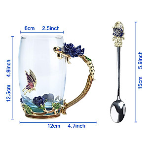 Tea Cup Coffee Mug Cups, Mother's Day Gifts, 13oz Handmade Rose and Butterfly Tea Mug with Spoon, Unique Gift for Women Mom Grandma Female Friend - Blue Tall