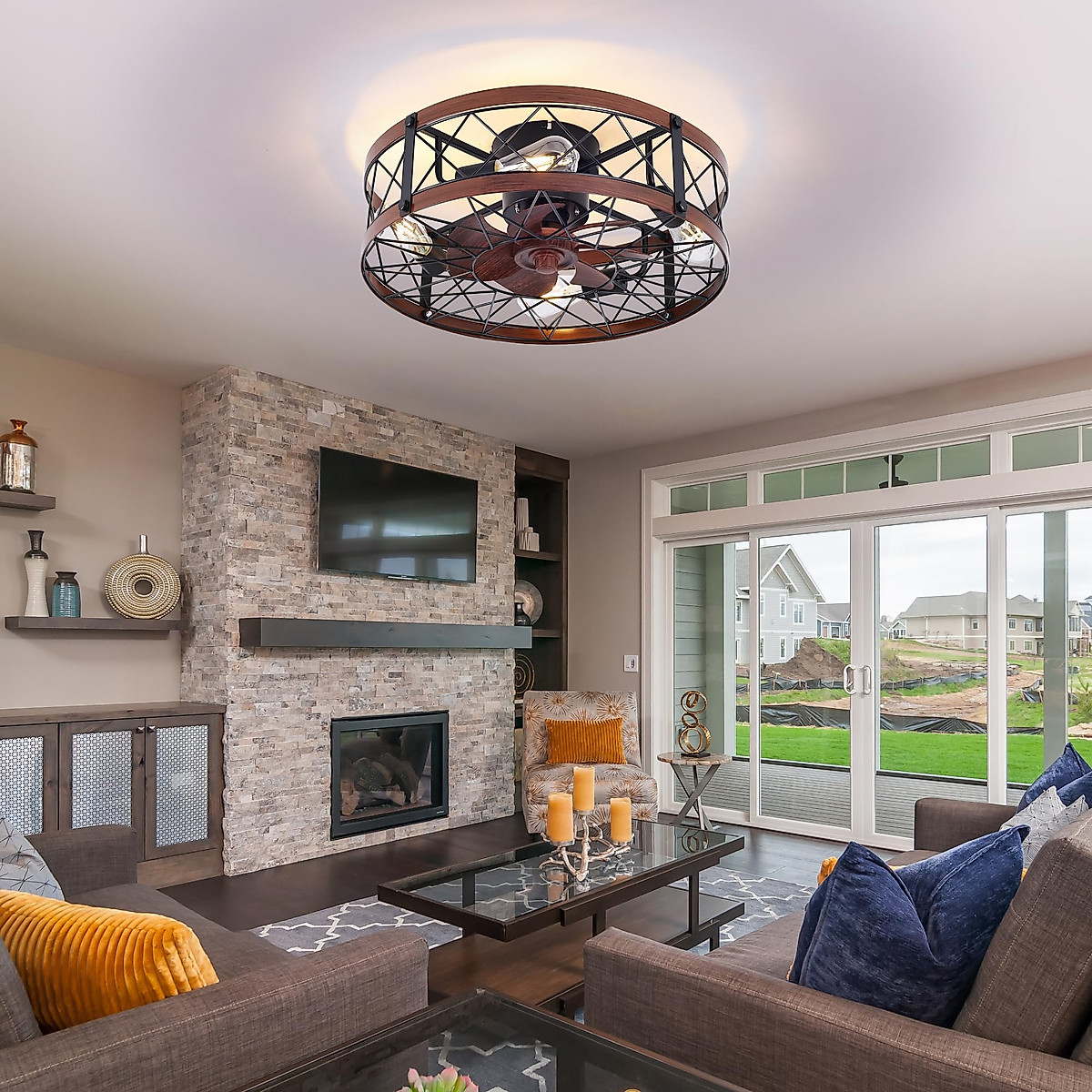 REDSTAR Retro Small Ceiling Fan with Light Remote Control, Ceiling Fans with Lights Flush-Mount, Low-Profile Ceiling Fan with Light, Caged Ceiling Fan with Light (Black)