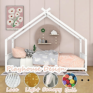 Metal Montessori Floor Bed, Full Size House Bed Frame with Headband and Slats, Full Floor Bed/Cute Montessori Bed for Kids, Girls, Boys(Full White)