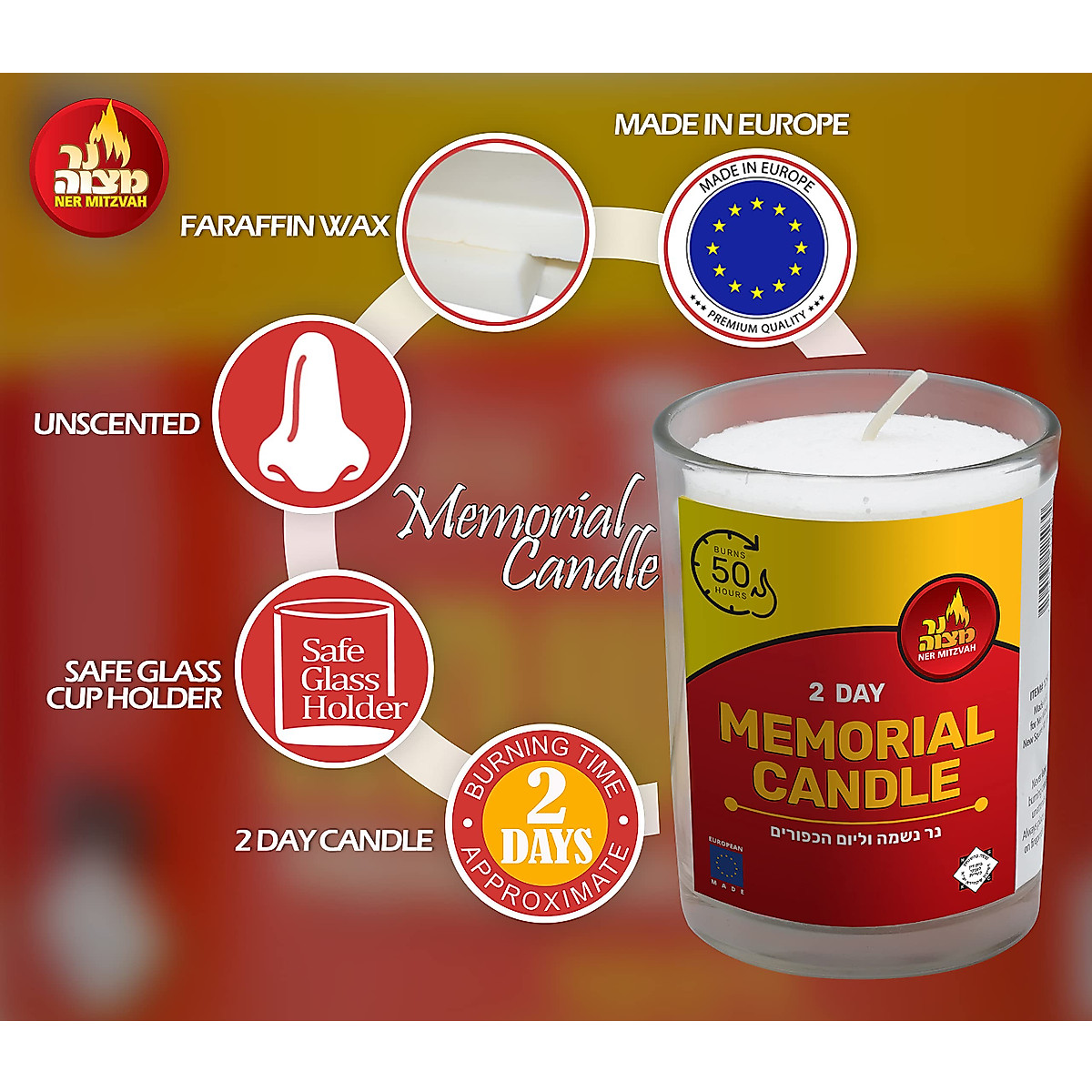 Ner Mitzvah Yahrzeit Memorial Candles - 2 Day Yahrzeit Candle - Yartzeit Candles 48 Hour Yom Kippur Jewish Candles in Glass Tumbler - 2 Pack