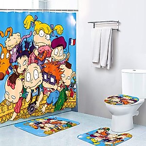 4 Piece Anime Shower Curtain Sets with Non-Slip Rug,Toilet Lid Cover and Absorbent Carpet Bath Mat,Durable Waterproof Fabric Shower Curtain with 12 Hooks for Bathroom 70.8" 70.8" (A3, Small)