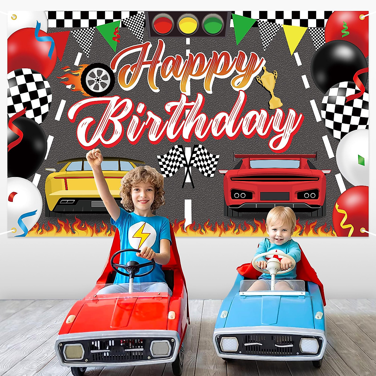 Racing Cars Happy Birthday Decorations Backdrop Banner, Race Car Fast Birthday Party Decorations Photo Background Backdrop for Birthday Party Supplies Boys Children Men Celebration, 63 x 39.4Inch