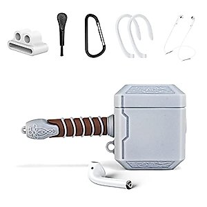 AIBEAMER Earphone Accessories for Hammer Air Pod 2/1 Case with Keychain, 3D Anime Cute Silicone Cover Fashion Cool Protective Skin Compatible Airpods 2/1 Lanyard Ear Hook for Kids Boys- Thor Hammer