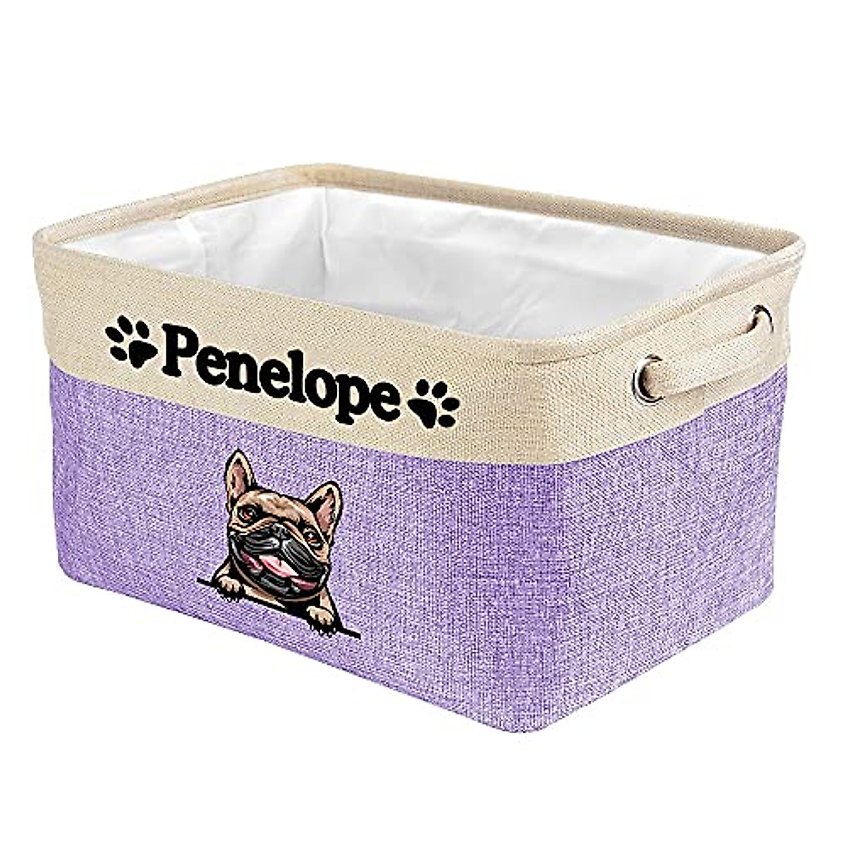 MALIHONG Personalized Foldable Storage Basket with Lovely Dog French Bulldog Collapsible Sturdy Fabric Pet Toys Storage Bin Cube with Handles for Organizing Shelf Home Closet, Purple and White