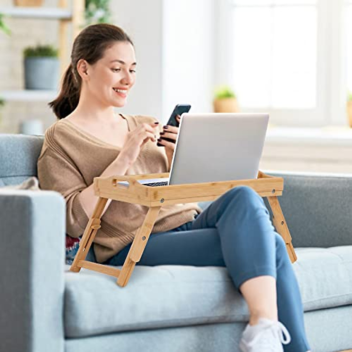 JESSILIN HOME Bamboo Bed Tray Table, Breakfast Tray for Eating with Folding Adjustable Legs & Handles, Whole Bamboo