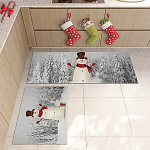 Queener Home Winter Christmas Tree and Snowman Kitchen Rugs and Mats Set of 2, Washable Floor Doormat Comfort Area Runner Rug Non-Slip Rubber Backing for Indoor Cartoon Pattern