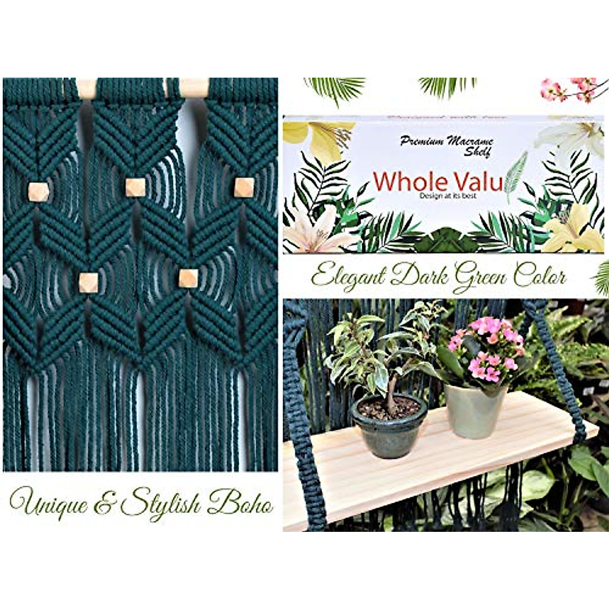 Macrame Wall Hanging Shelf-ideal décor-plants storage bookshelf-Bohemian Decorative Shelves-Boho Floating Indoor Shelving–For bedroom kitchen bathroom room with window Plant hanger-shelfs. Green