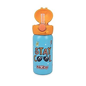 Nuby Thirsty Kids No Spill Flip-It Active Stainless Steel Travel Cup, 14 Oz, Stay Cool Print