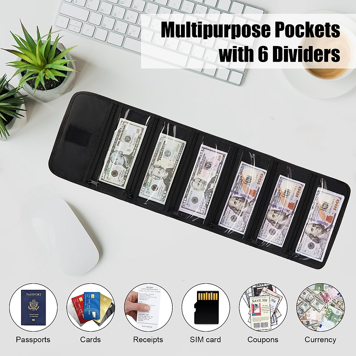 Yamahiko Money Wallet Multipack Cash Organizer - 6 Zippered Money Pouch Envelope Wallet for Travel Budgeting, Receipts