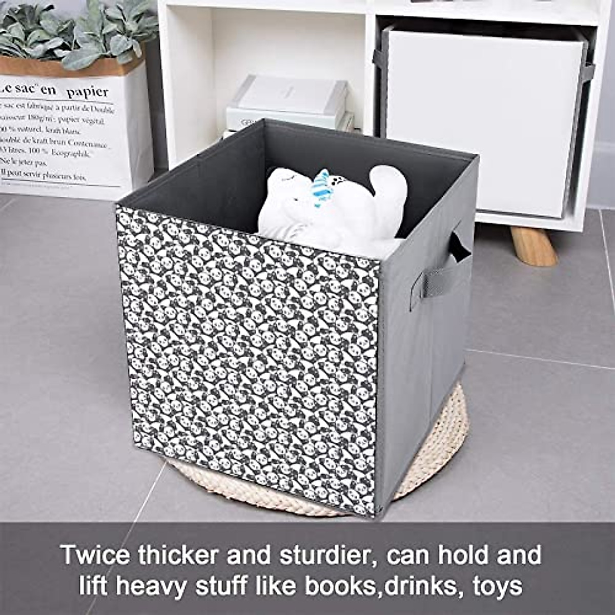 Funny Pandas Foldable Storage Bins Printd Fabric Cube Baskets Boxes with Handles for Clothes Toys, 11x11x11