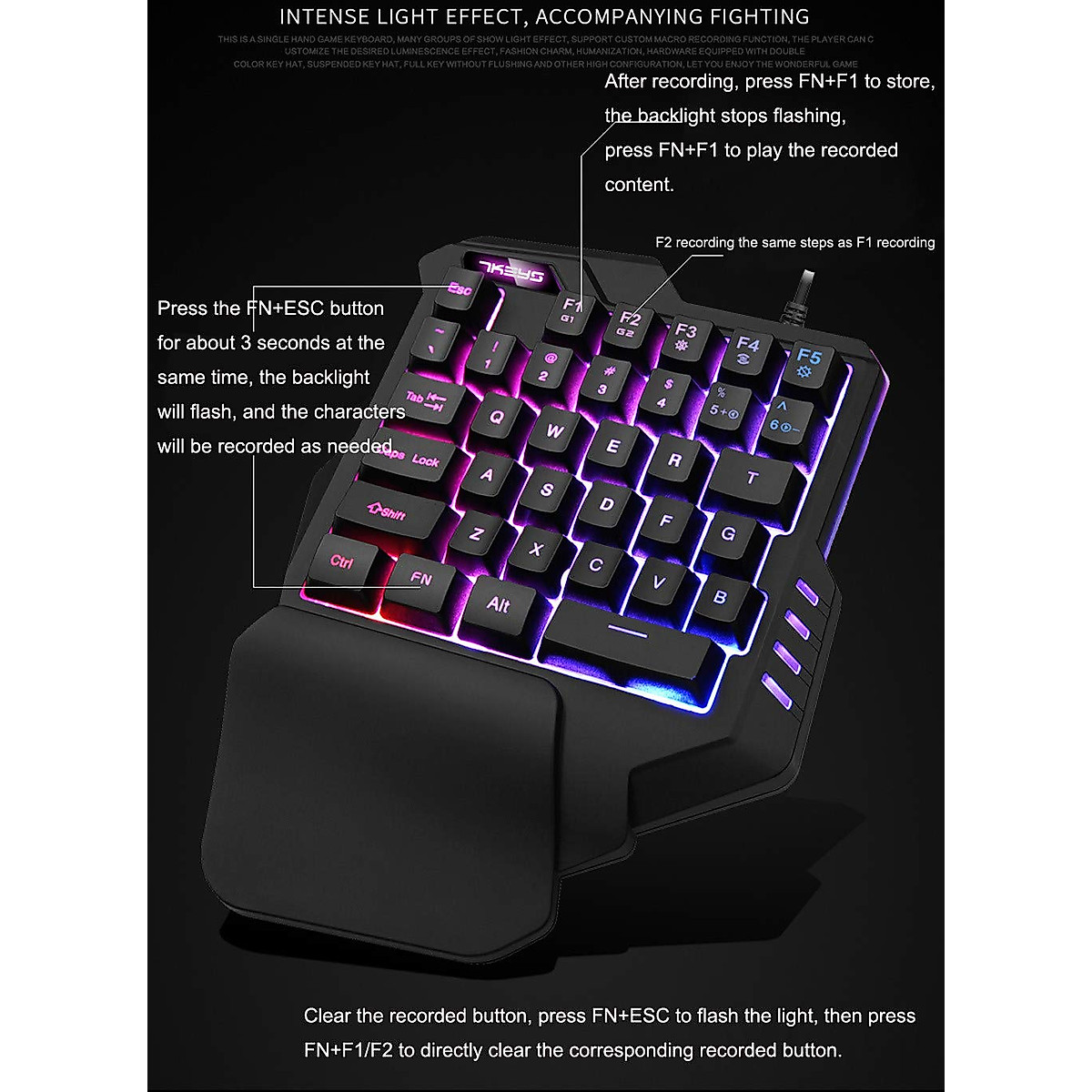 HiGOGO G30 Wired 35 Keys One-Handed Gaming Keypad, Rainbow LED Backlight with Large Wrist Pad (Black)