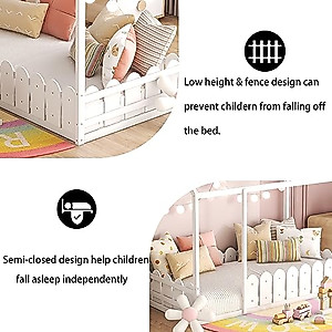 Harper & Bright Designs Twin Floor Bed for Kids, Wood Montessori Floor Bed Twin with Fence-Shaped Rails, Twin Size House Bed for Girls, Boys(Twin,White)