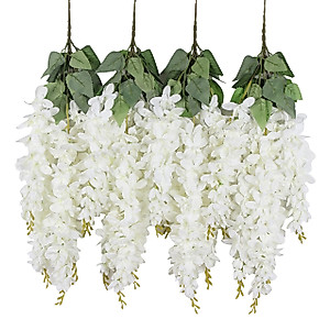 Duovlo Silk Wisteria Flower Artificial 2.13 Feet Hanging Wisteria Vine Fake Flower Bush String Home Party Wedding Decoration,Pack of 4（White）