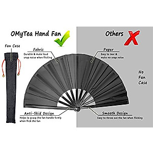 OMyTea Large Rave Folding Hand Fan for Men/Women - Chinese Japanese Kung Fu Tai Chi Handheld Fan with Fabric Case - for EDM, Music Festival, Club, Event, Party, Dance, Performance, Decoration (Black)