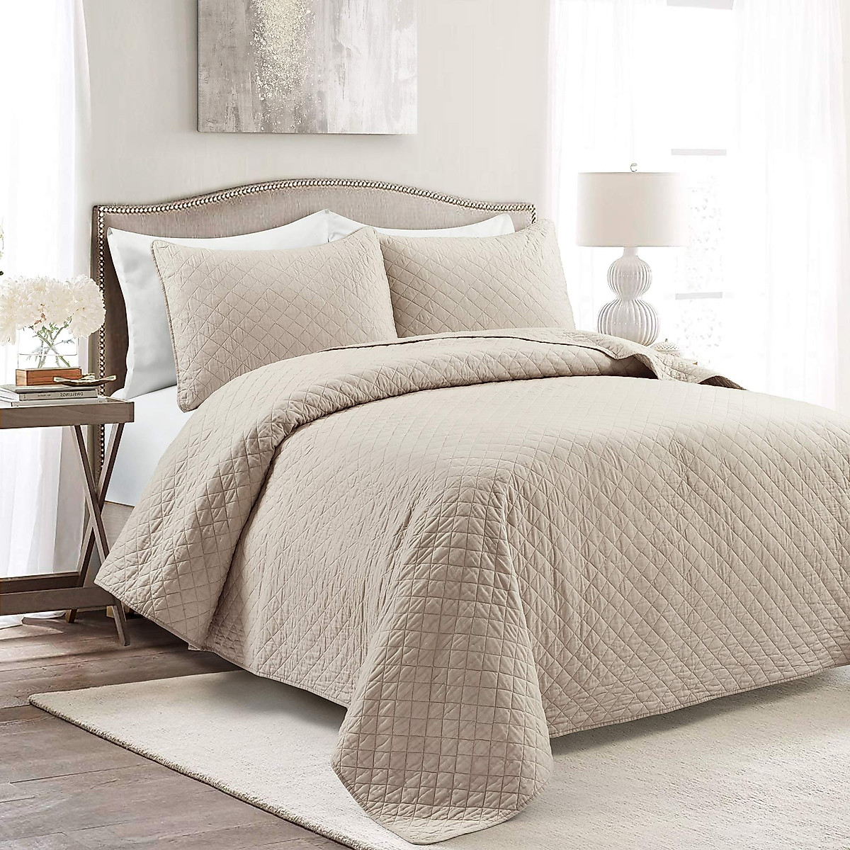 Lush Decor Ava Quilt Diamond Pattern Solid 3 Piece Oversized Bedding Blanket Bedspread Set - Full/Queen - Neutral